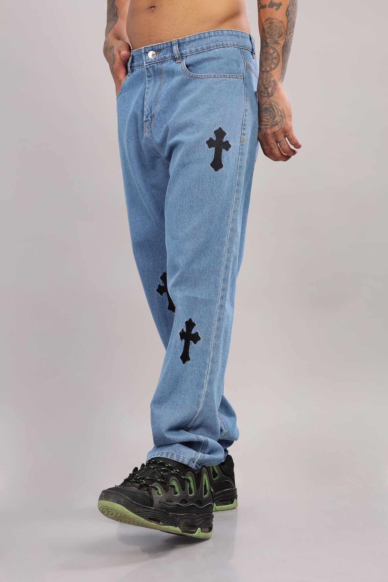 Jesus Cross Embroidery Design Blue Baggy Fit Jeans – FOULCHILD